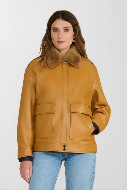FURNIQ UK Alma Leather Jacket With Detachable Fur Collar - Caramel