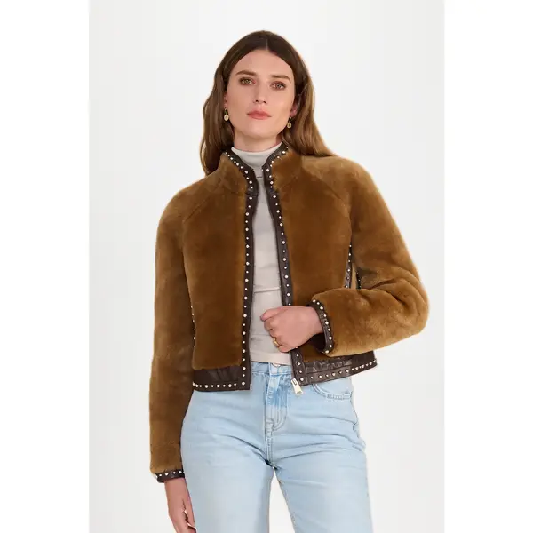 FURNIQ UK Harper Shearling Studded Cropped Jacket - Brown