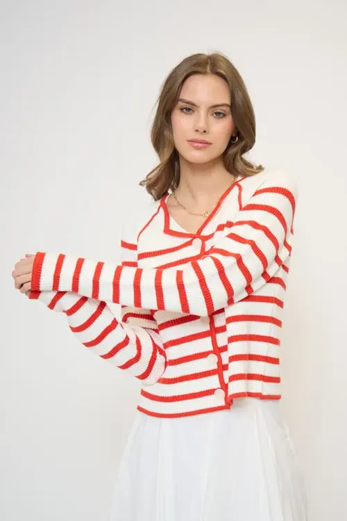 Central Park West Maisie Collarless Sweater Jacket - Tomato/white