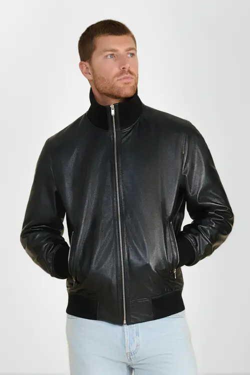FURNIQ UK Arthur Leather Bomber Jacket - Black