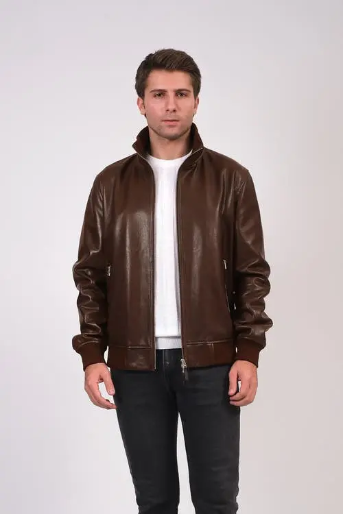 FURNIQ UK Arthur Leather Bomber Jacket - Brown