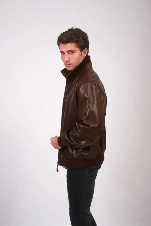 FURNIQ UK Arthur Leather Bomber Jacket - Brown