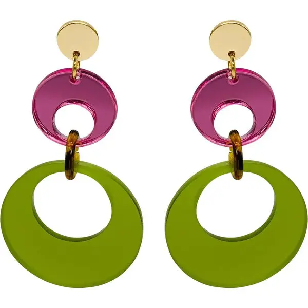 TOOLALLY Swinging Circle Drop Earrings - Lime Zest Green & Pink Mirror