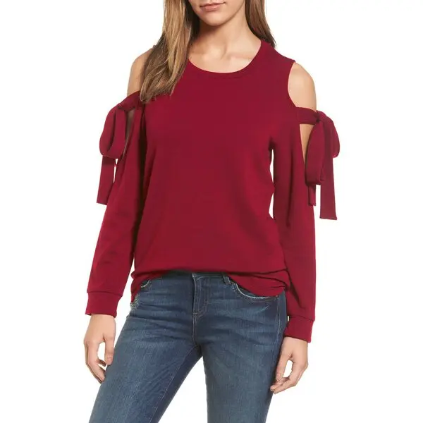Pleione Cold Shoulder Tie Sleeve Pullover