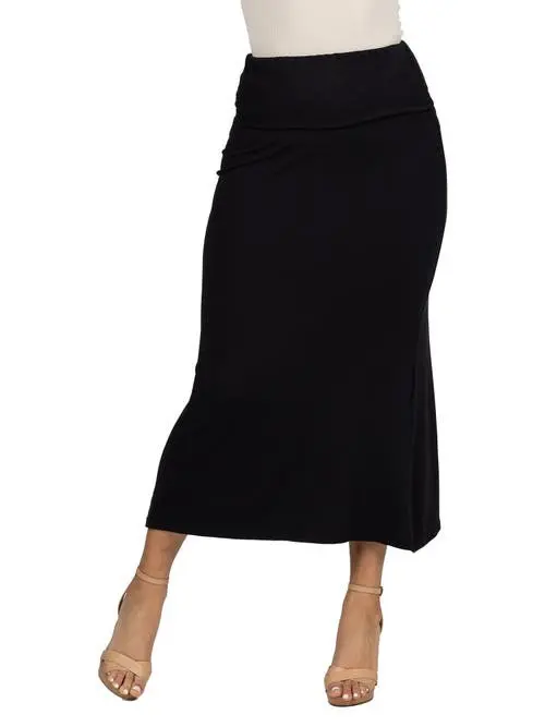 24SEVEN COMFORT APPAREL Petite Foldover Maxi Skirt - Black