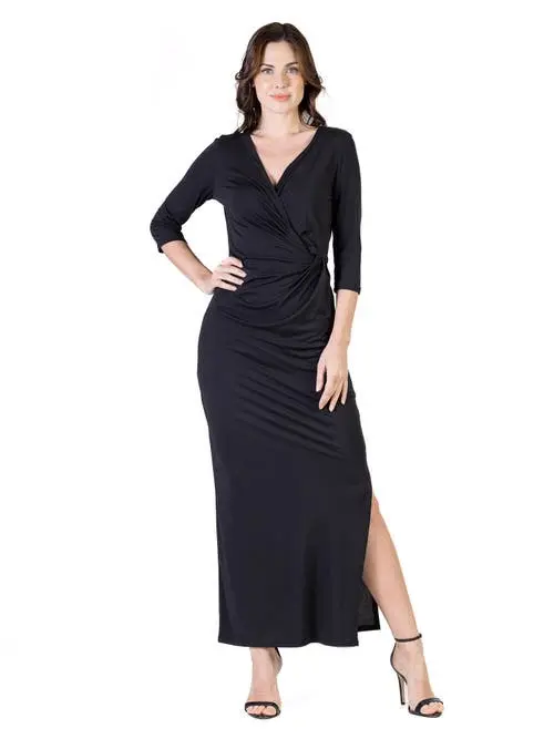 24SEVEN COMFORT APPAREL Petite Fitted V-neck Side Slit Maxi Dress - Black