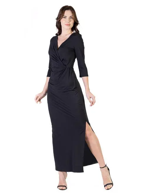 24SEVEN COMFORT APPAREL Petite Fitted V-neck Side Slit Maxi Dress - Black