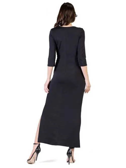24SEVEN COMFORT APPAREL Petite Fitted V-neck Side Slit Maxi Dress - Black