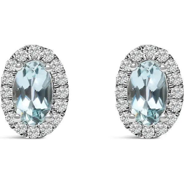HAUS OF BRILLIANCE 10k White Gold Birthstone And Diamond Halo Stud Earrings - Blue Aquamarine