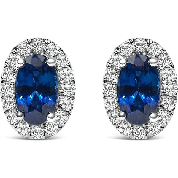 HAUS OF BRILLIANCE 10k White Gold Birthstone And Diamond Halo Stud Earrings - Blue Sapphire