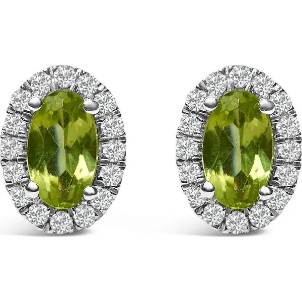 HAUS OF BRILLIANCE 10k White Gold Birthstone And Diamond Halo Stud Earrings - Green Peridot