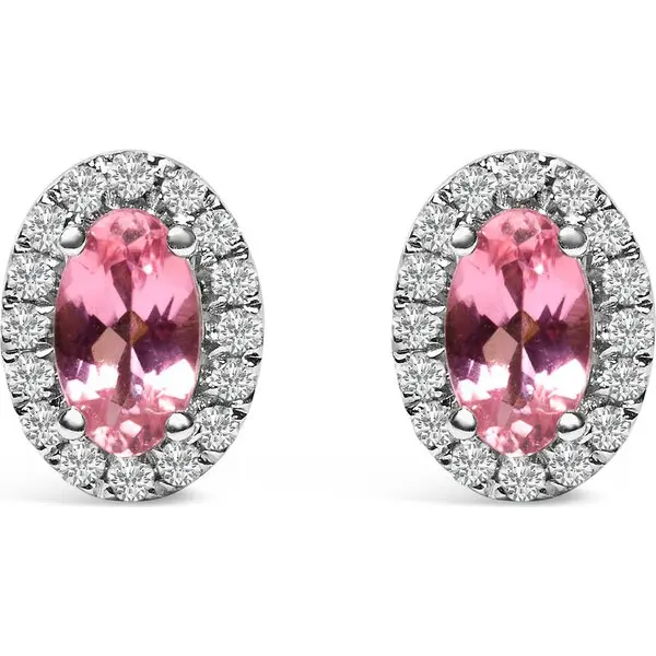 HAUS OF BRILLIANCE 10k White Gold Birthstone And Diamond Halo Stud Earrings - Pink Tourmaline