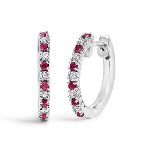 HAUS OF BRILLIANCE 10k Gold Diamond And Ruby Huggie Hoop Earrings - White