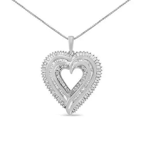HAUS OF BRILLIANCE Silver 1 1/2 Cttw Baguette Diamond Composite Heart 18 Inch Pendant Necklace - White