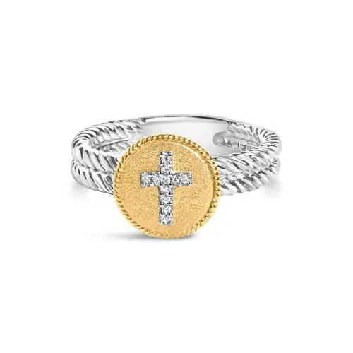 HAUS OF BRILLIANCE Silver And Gold Diamond Cross Ring - Yellow