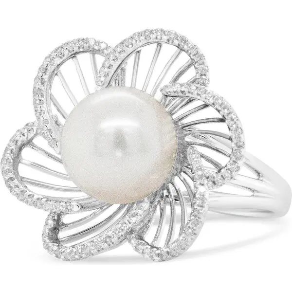 HAUS OF BRILLIANCE 14k Gold Pearl And Diamond Flower Ring - White