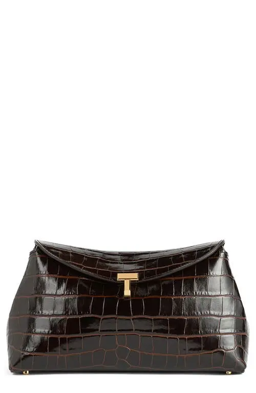 TOTEME T-lock Croc Embossed Leather Clutch - Dark Brown