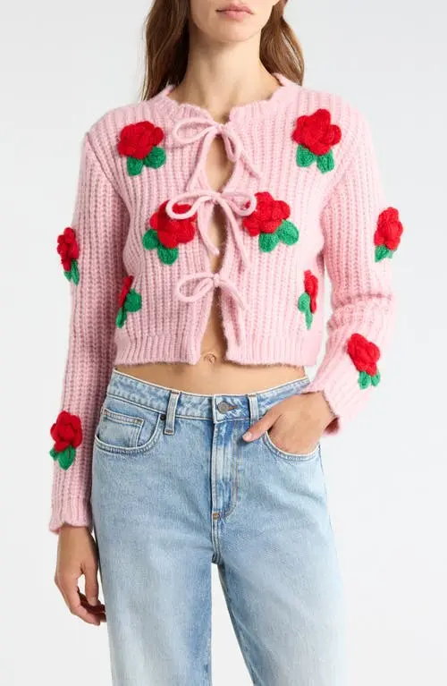ALL IN FAVOR 3d Flower Tie-front Cardigan - Pink