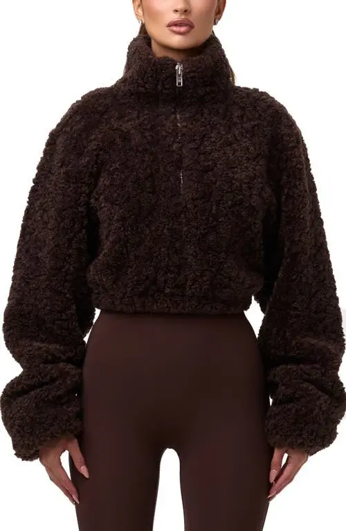 Naked Wardrobe Faux Shearling Quarter Zip Crop Pullover - Dark Chocolate