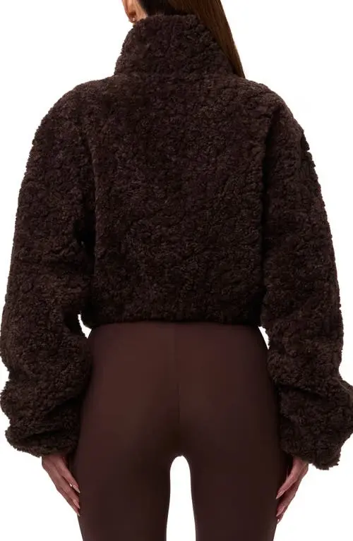 Naked Wardrobe Faux Shearling Quarter Zip Crop Pullover - Dark Chocolate