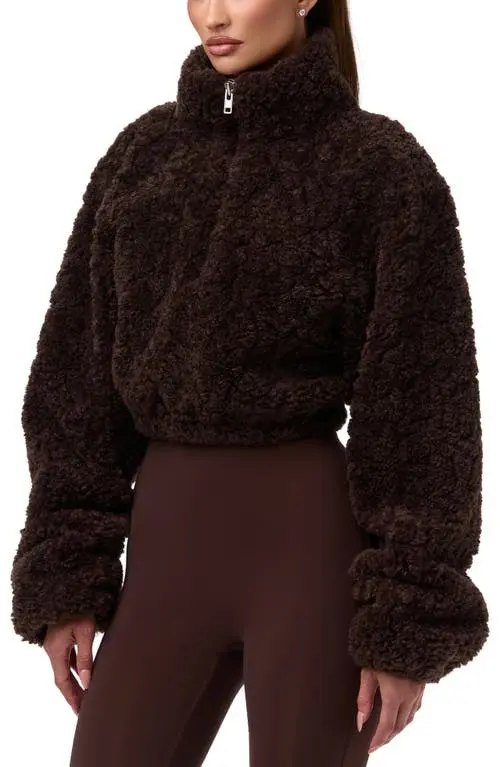 Naked Wardrobe Faux Shearling Quarter Zip Crop Pullover - Dark Chocolate