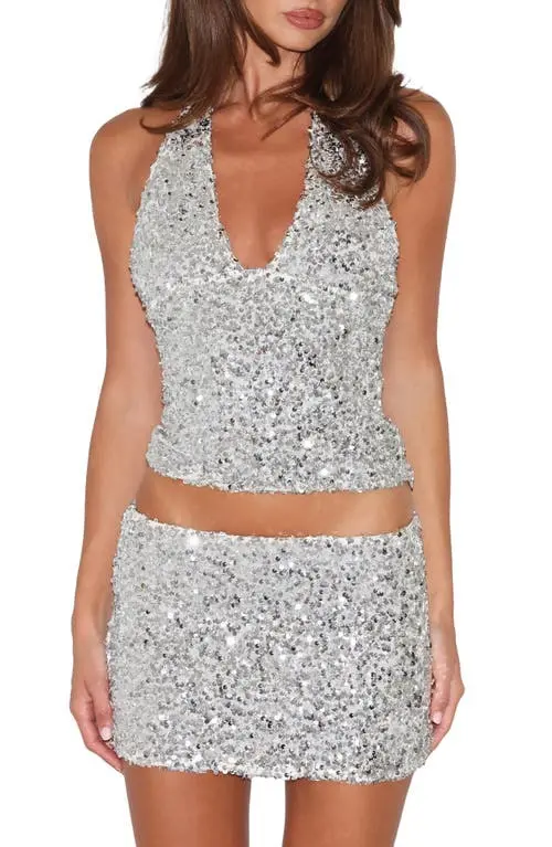 TIGER MIST Sequin Crop Halter Top - Silver