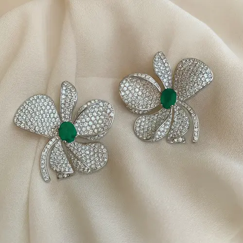 GEMMA AZZURRO Fleur Pave Emerald Flower Earrings