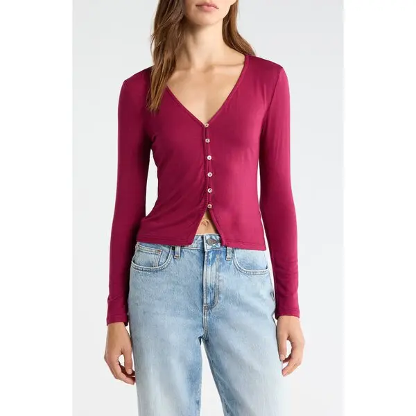 PACSUN Shelby Button-up Knit Top - Wine