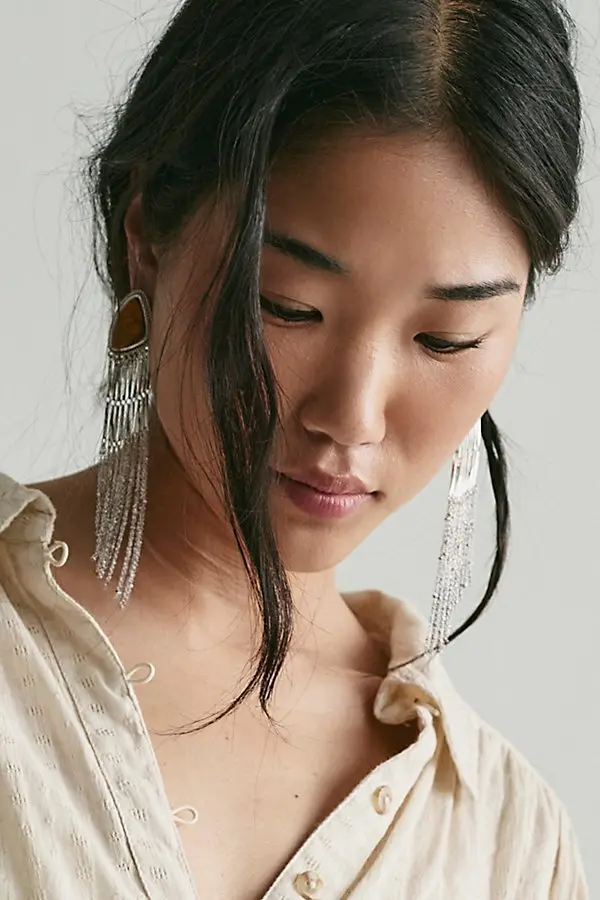 Free People Talk Sweet Fringe Dangle Earrings - Silver/tiger's Eye