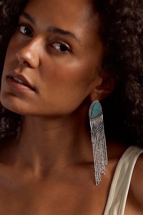 Free People Talk Sweet Fringe Dangles Earrings - Silver/turq