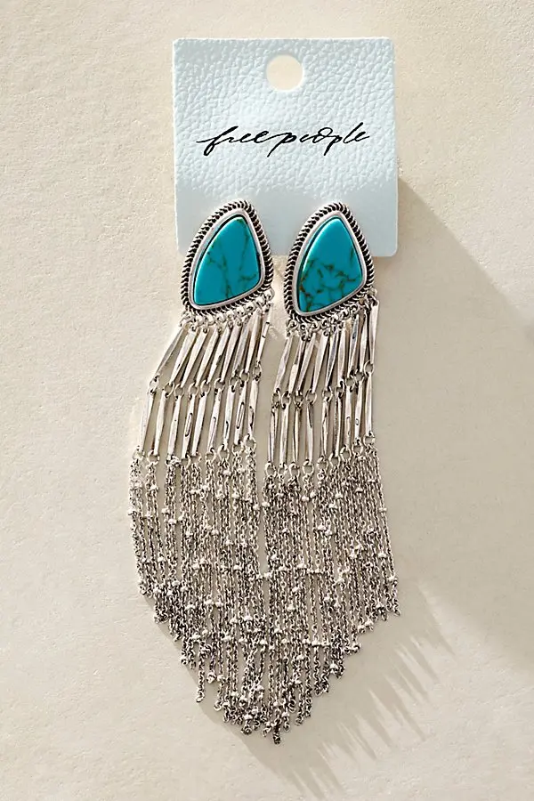 Free People Talk Sweet Fringe Dangle Earrings With Turquoise Stone - Silver/turq