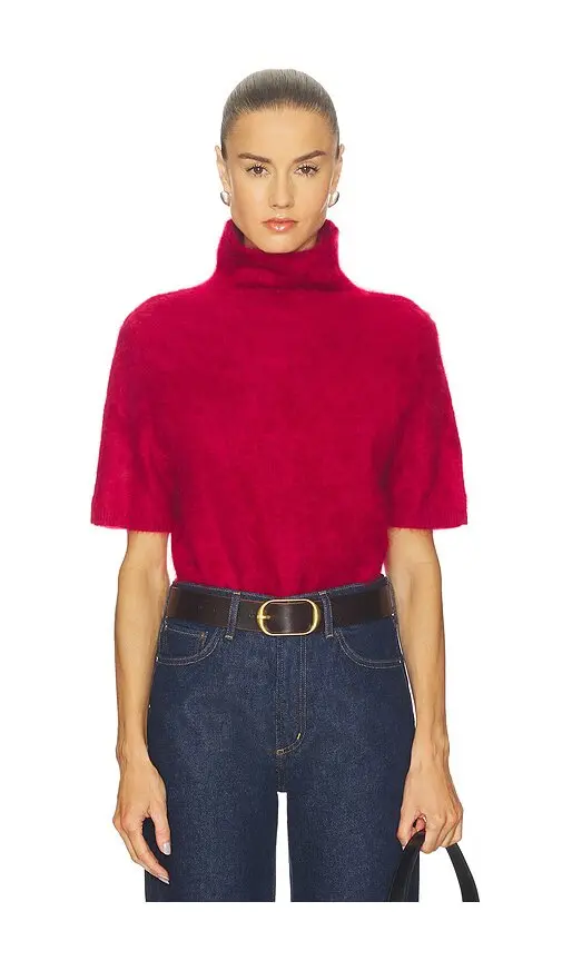 Soft Goat Brushed Short Sleeve Turtleneck In Red - Dahlia