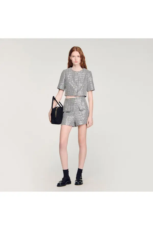 Sandro Sequin Houndstooth Tweed Shorts