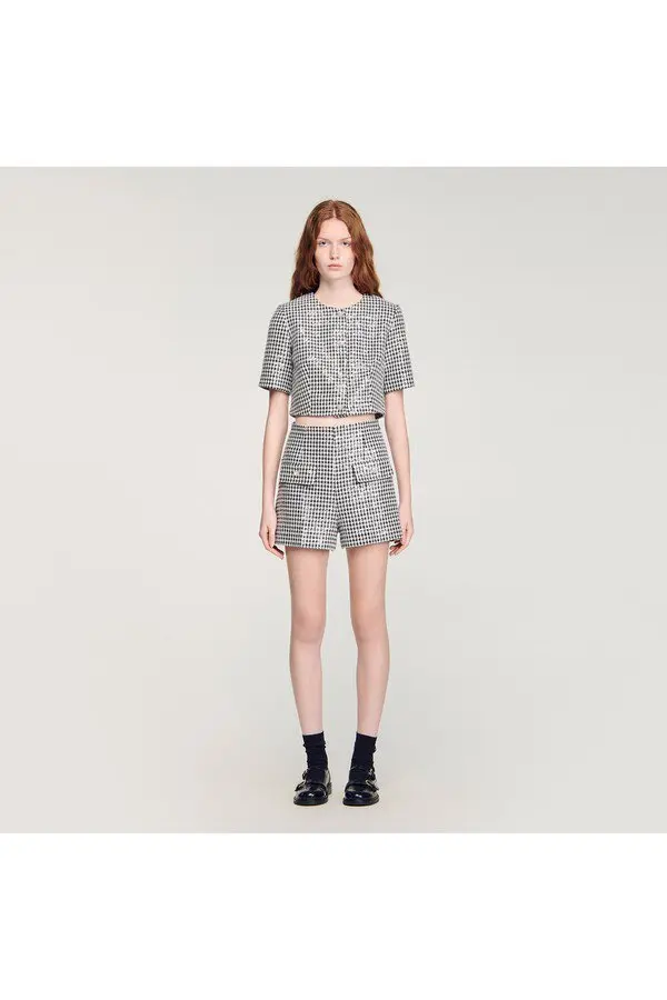 Sandro Sequin Houndstooth Tweed Shorts