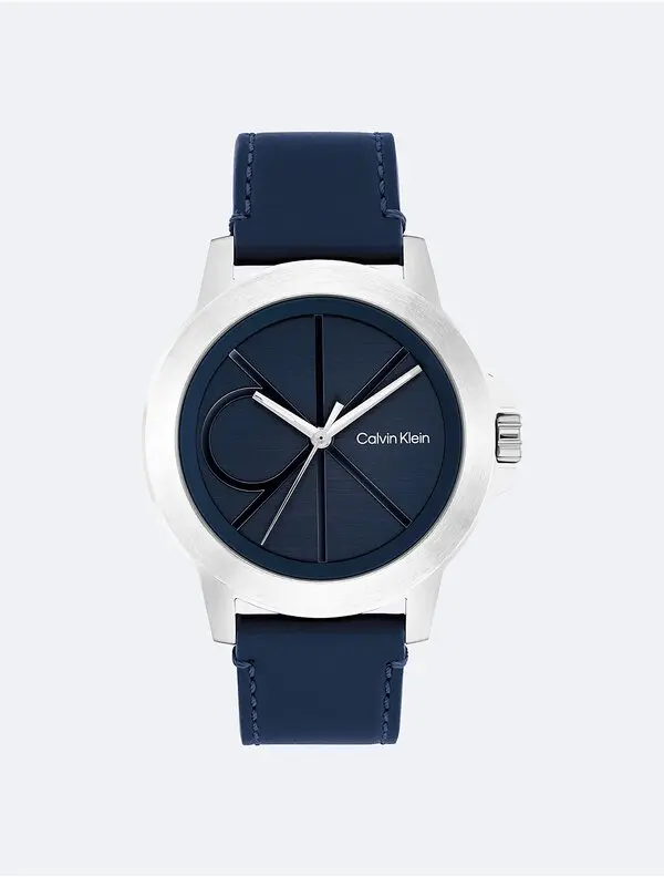 Calvin Klein Emblem Dial Leather Strap Watch - Blue