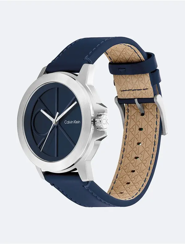 Calvin Klein Emblem Dial Leather Strap Watch - Blue