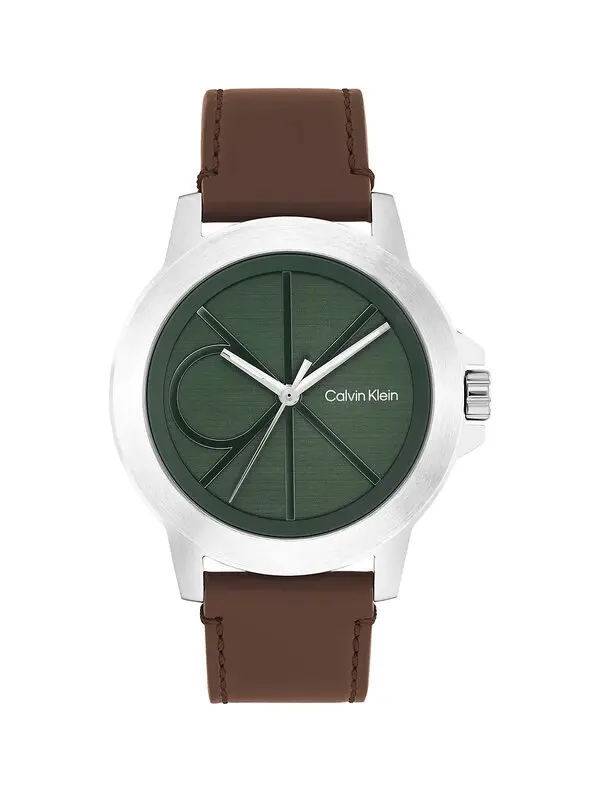 Calvin Klein Emblem Dial Leather Strap Watch - Green