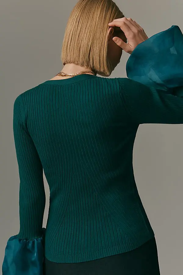 Maeve Long-sleeve Organza Cuff Sweater - Emerald