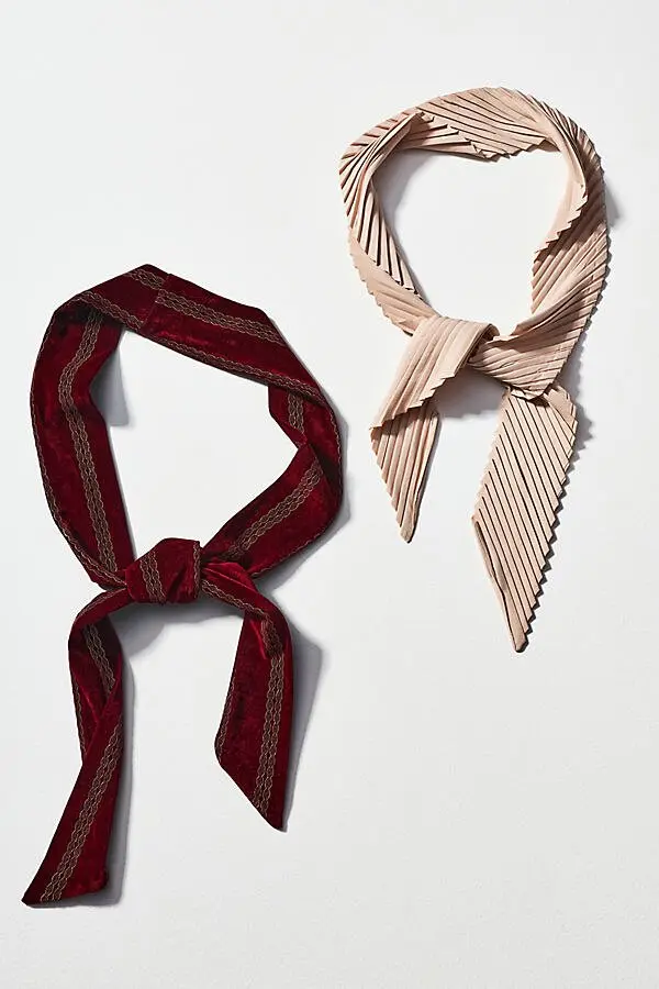 Anthropologie Pleated Velvet Hair Scarf Set Of 2 - Red/cream