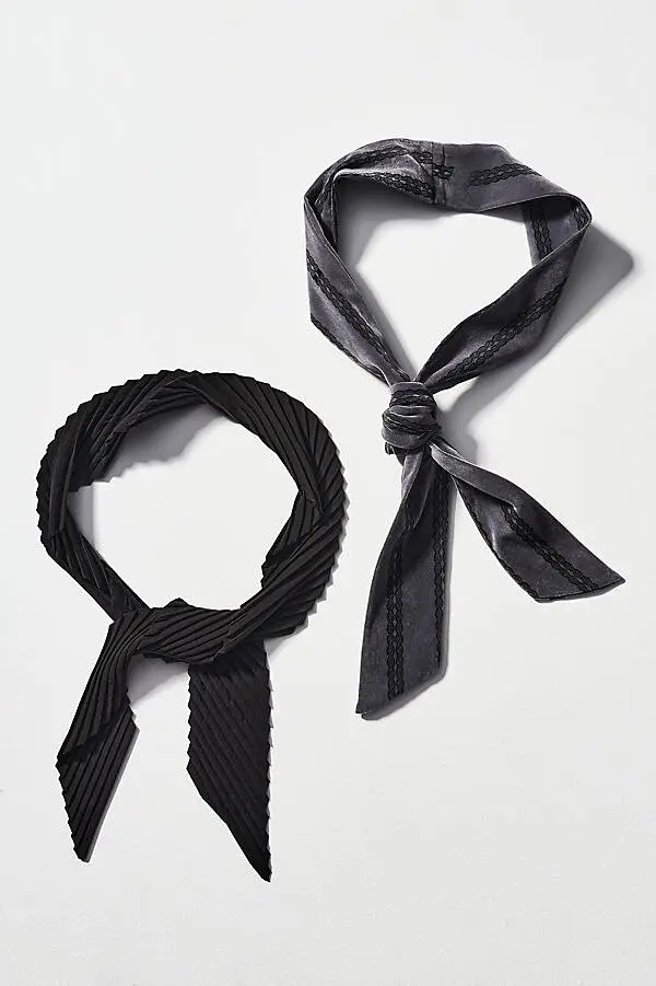 Anthropologie Pleated Velvet Hair Scarf Set Of 2 - Slate/black