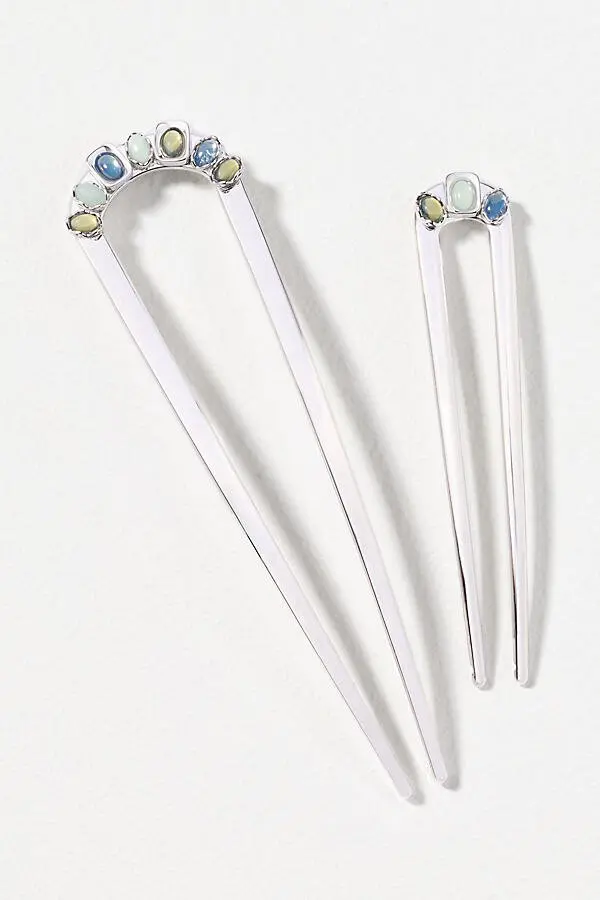 Anthropologie Embellished French Hair Pins Set - Green
