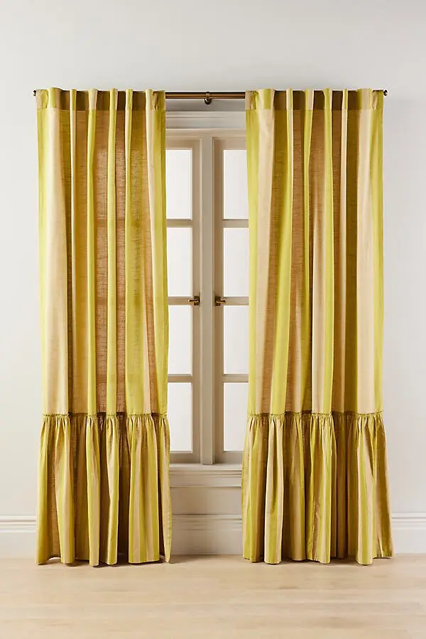 Anthropologie Peggy Cotton Ruffle Striped Curtain - Citron/neutral