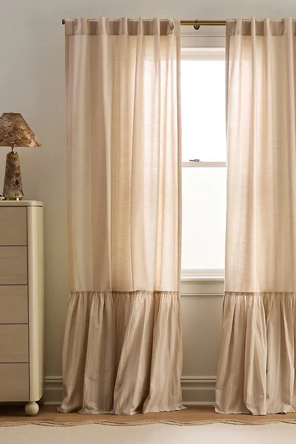Anthropologie Peggy Cotton Ruffle Striped Curtain - Neutral