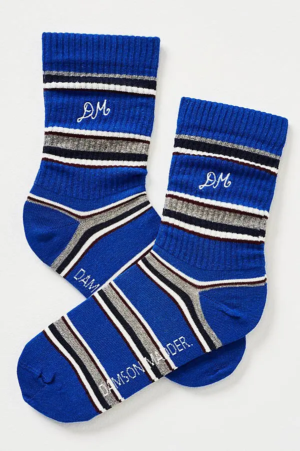 DAMSON MADDER Striped Calf Socks - Blue Stripe