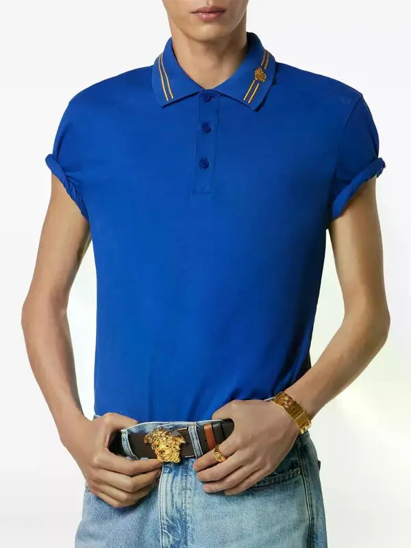 Versace Embroidered Cotton Piqué Polo - Blue