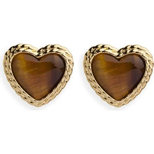 Argento Vivo Semiprecious Stone Heart Stud Earrings - Gold/tigers Eye