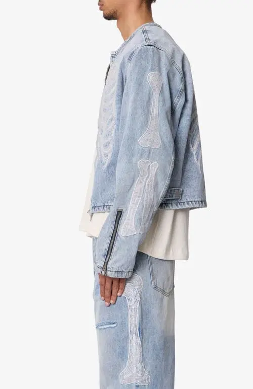 Mnml Skeleton Denim Moto Jacket - Washed Blue