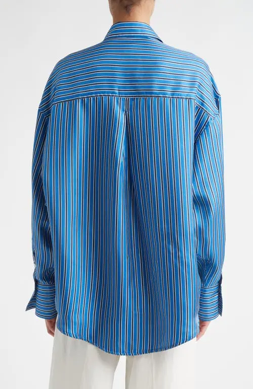 TOTEME Oversize Stripe Silk Button-up Shirt - Blue/navy