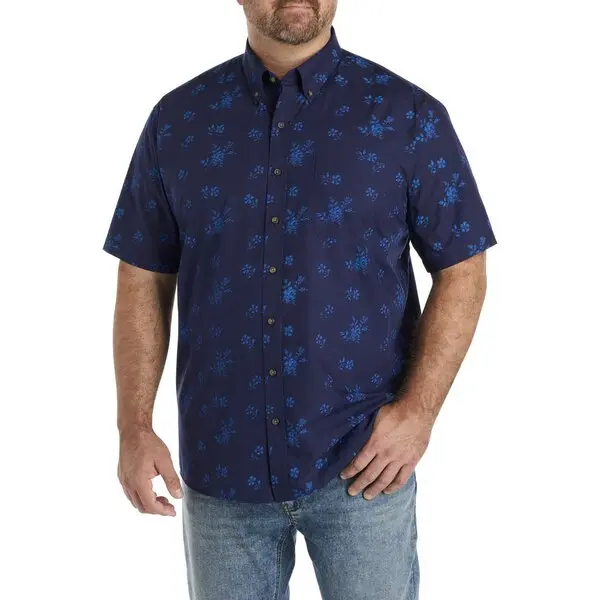 HARBOR BAY BY DXL Big & Tall Easy-care Floral Print Sport Shirt - Blue