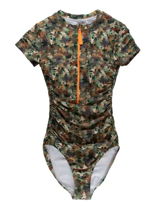 RUFFLEBUTTS Upf 50+ Quarter Zip Short Sleeve One Piece Rash Guard Swimsuit - Classic Camo